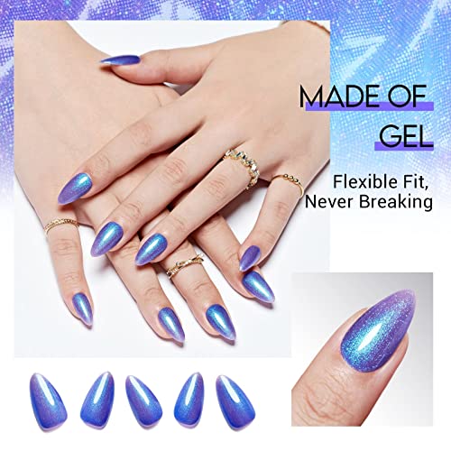 GLAMERMAID Jelly Press on Nails Almond- Handmade Gel Nails Series | Blue Glitter Galaxy Fake Nails Medium Short Length Shimmer Acrylic False Nail Kits Stick Glue on Nails Sets Reusable Full Cover for Women Girls Gift, 24Pcs