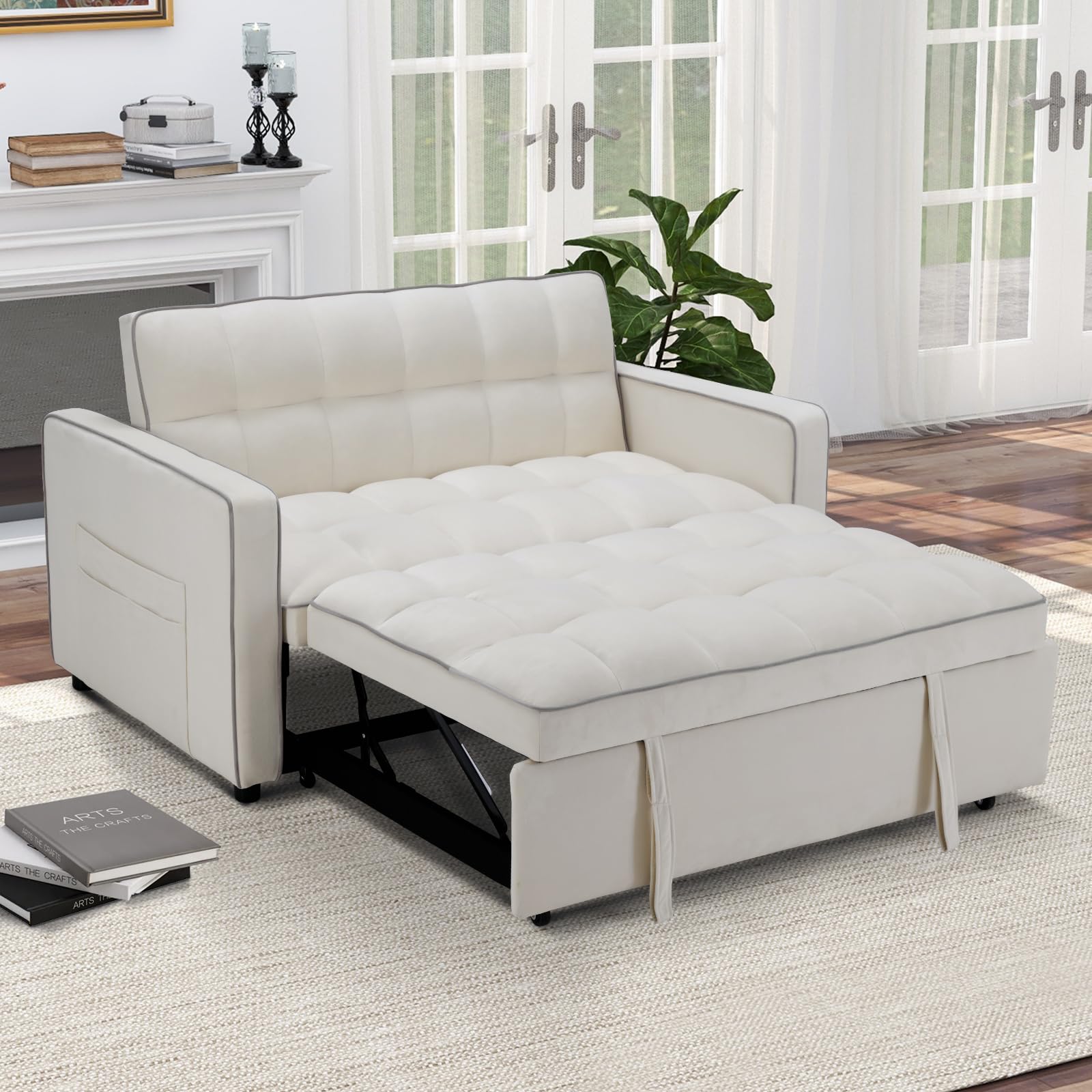 EBELLO 3 in 1 Convertible Sleeper Sofa Bed, Modern Velvet Loveseat Futon Couch Pullout Bed with Side Storage Pockets, Small Love Seat Lounge Sofa Futon for Small Space, Living Room, Beige