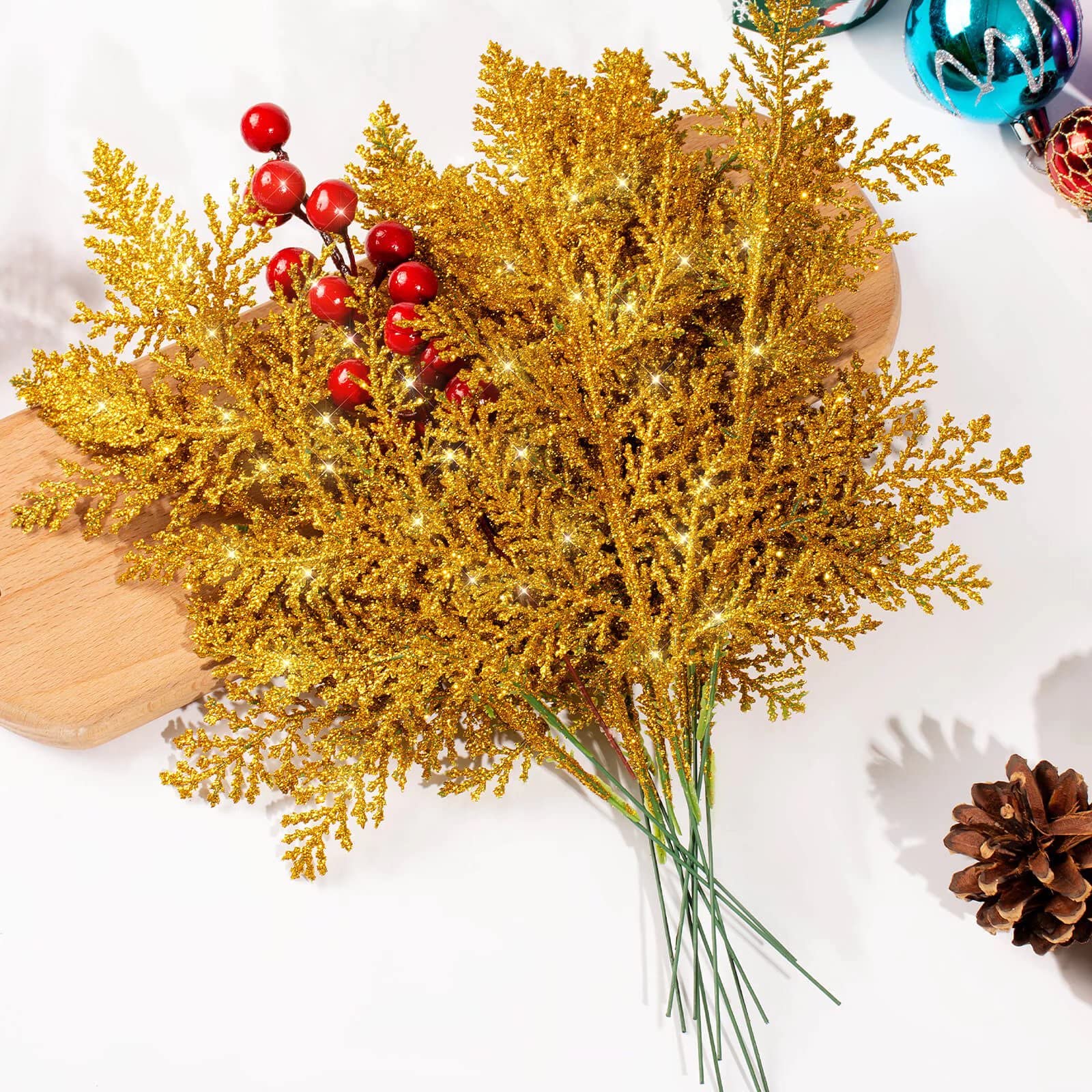 TORINALITAL 22PCS Christmas Tree Picks Sprays, Gold Glitter Artificial Pine Needles Faux Christmas Floral Picks Branches for Christmas Tree Wreath Wedding Bouquet Winter Seasonal Holiday Decoration