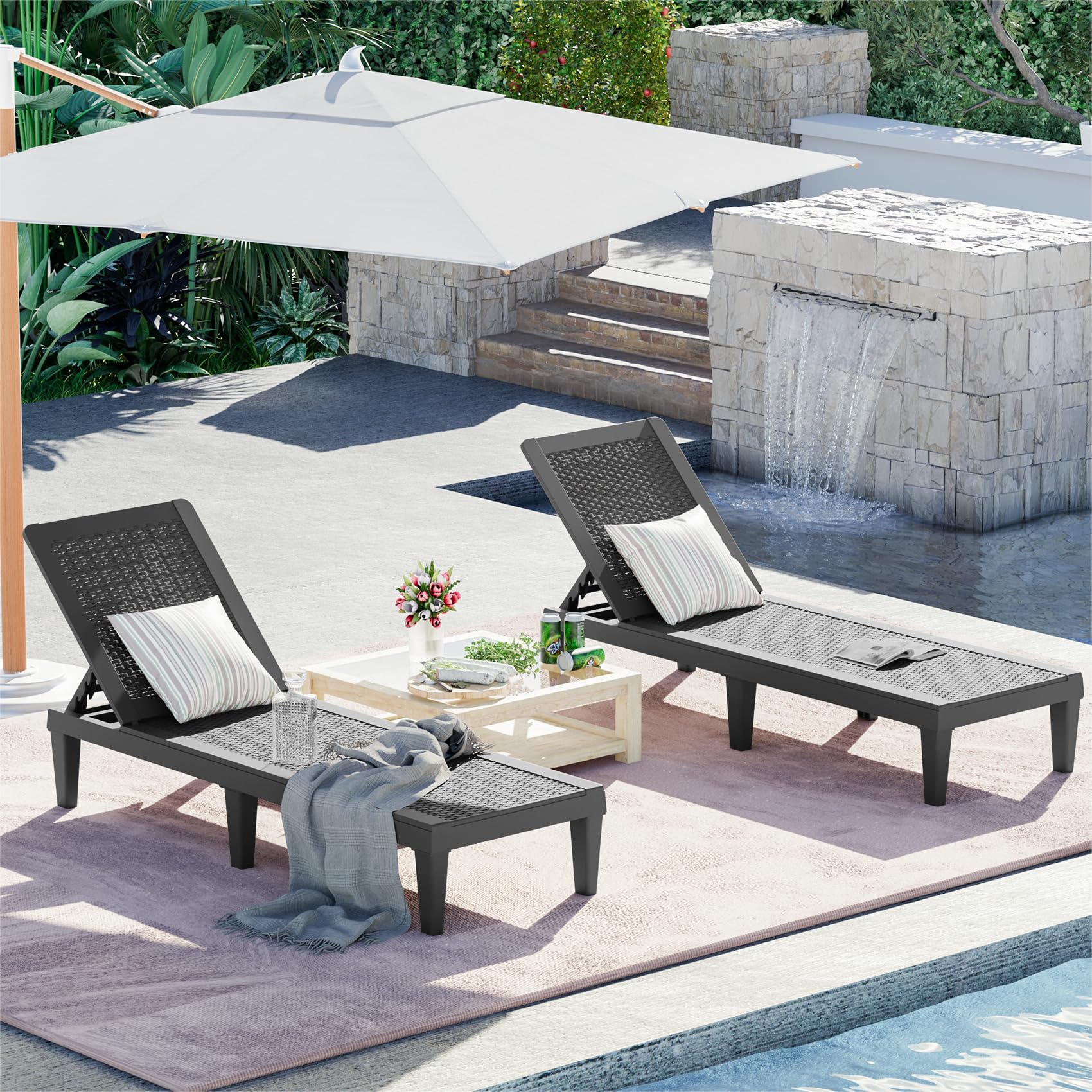Greesum Outdoor Chaise Lounge Chairs Set of 2 with Adjustable Backrest, Waterproof PE Easy Assembly, Lightweight for Patio, Poolside, Beach, Yard, Dark Black