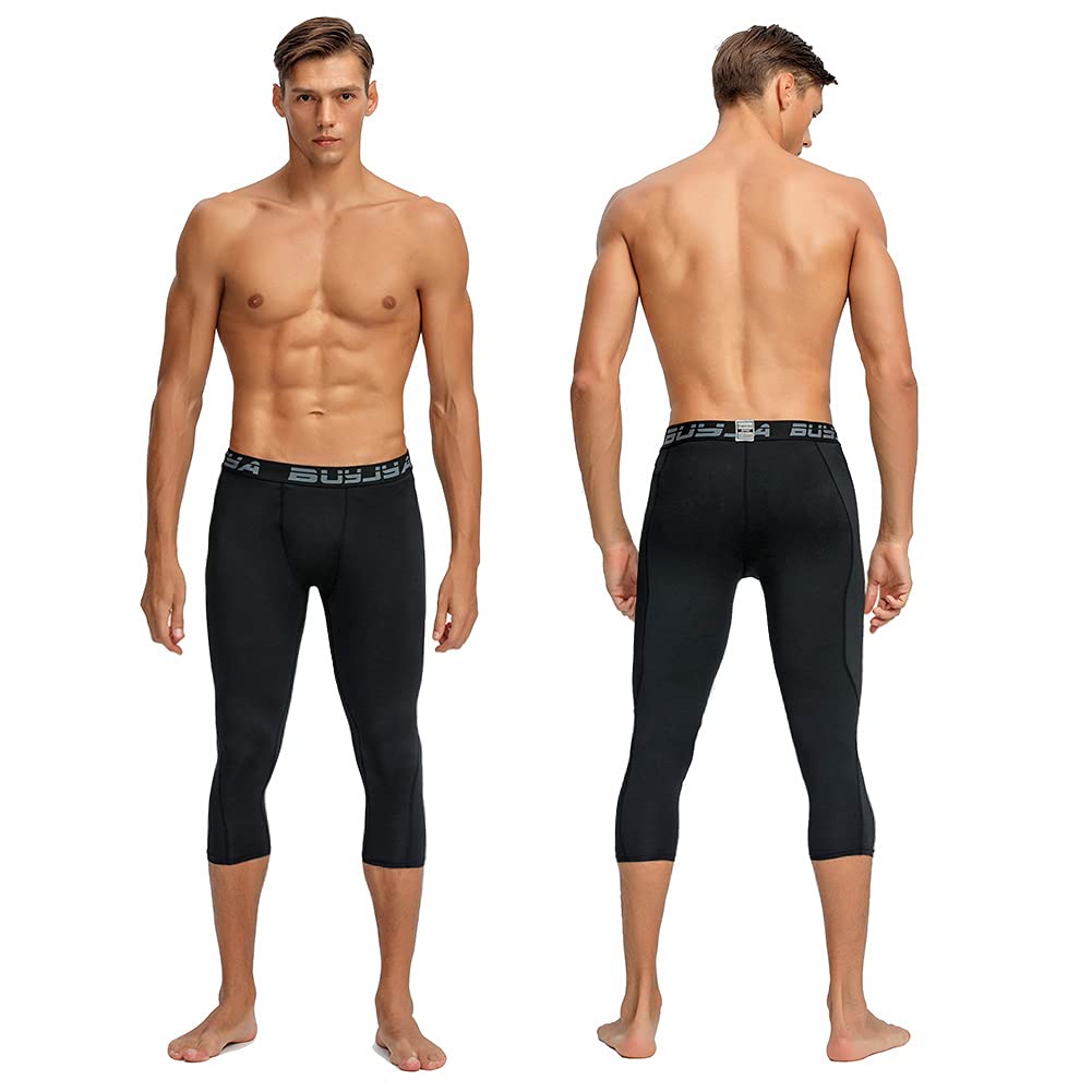 BUYJYA 3 Pack Men's 3/4 Compression Pants Running Tights Workout Leggings Athletic Cool Dry Yoga Gym Clothes (M, Blue-army Green-black, m)