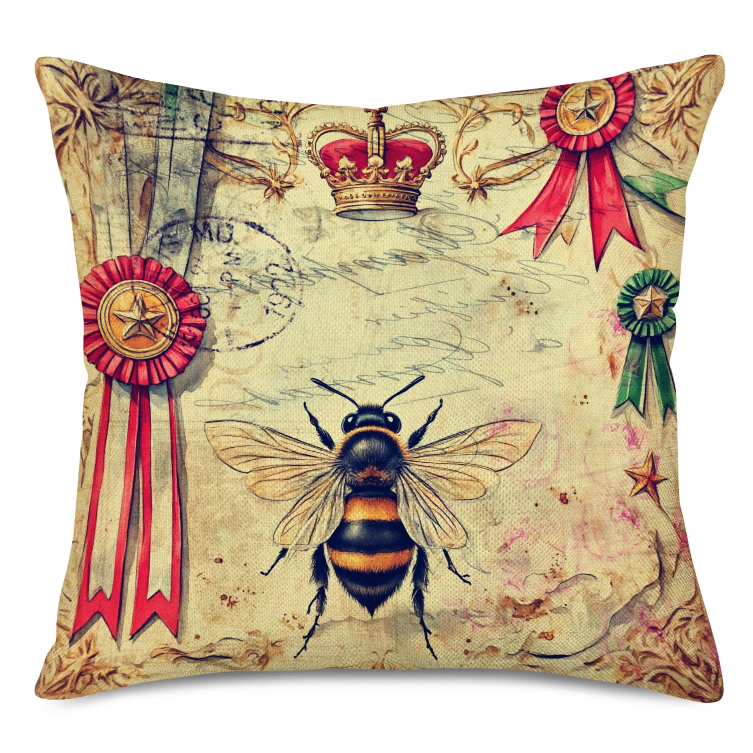 Royalours Flower Decorative Throw Pillow Cover Bee Garden Pillow Case 18 x 18 Inch Cotton Linen Square Cushion Cover for Home Sofa Bedroom (Floral)