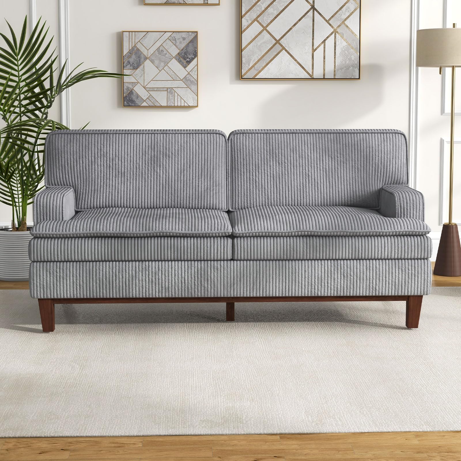 EBELLO 75” Soft Luxury Corduroy Fabric Sofa, Small 3 Seat Sofa for Living Room with Padded Seat, Overstuffed Backrest, Solid Wood Frame Small Sofa for Small Space, Apartment, Grey