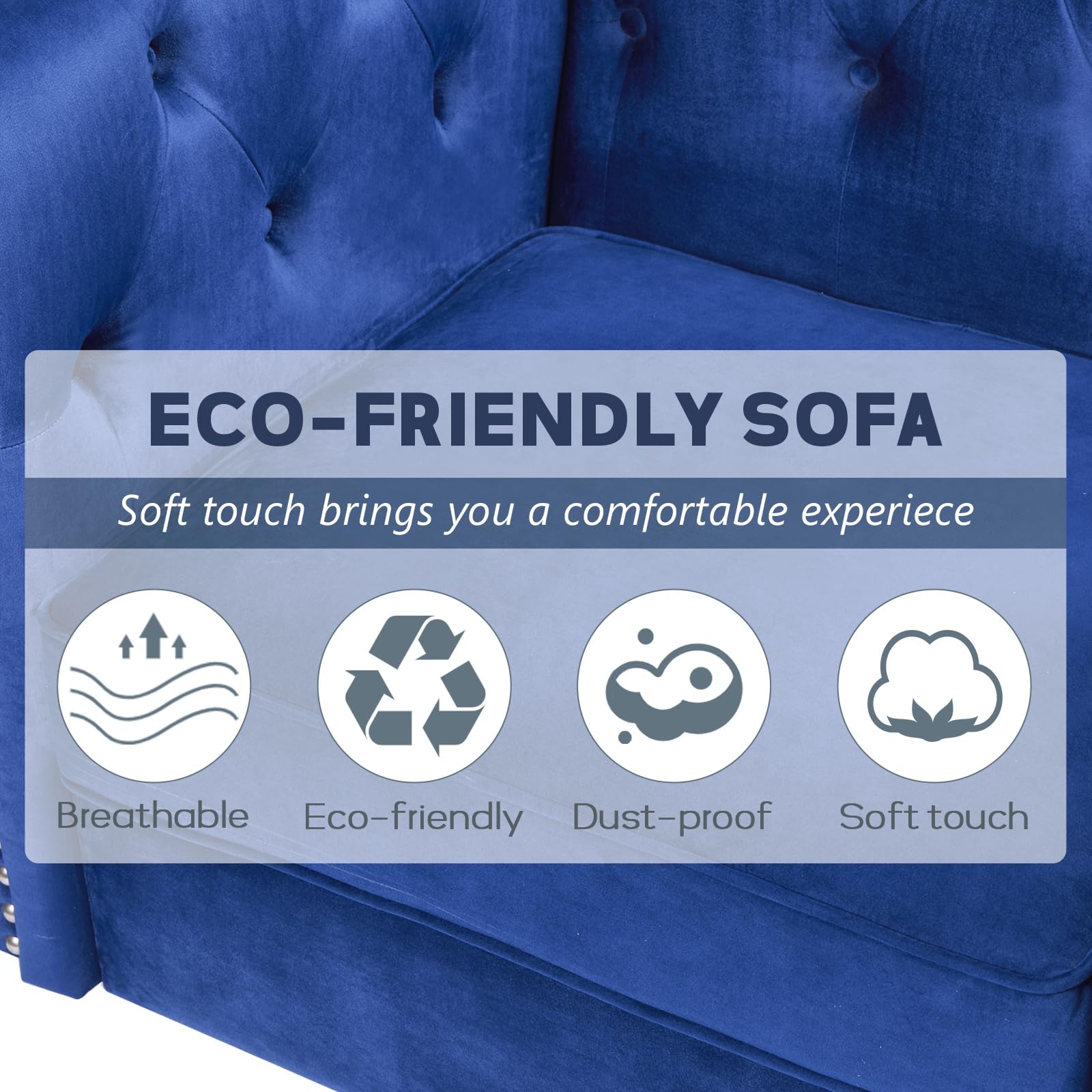 EBELLO Velvet Tufted Sofa, Modern Upholstered Mid-Century 3 Seater Couch Sofa with Thick Padded Seat Cushion and Solid Steel Feet, for Living Room, Bedroom, or Small Space, Blue
