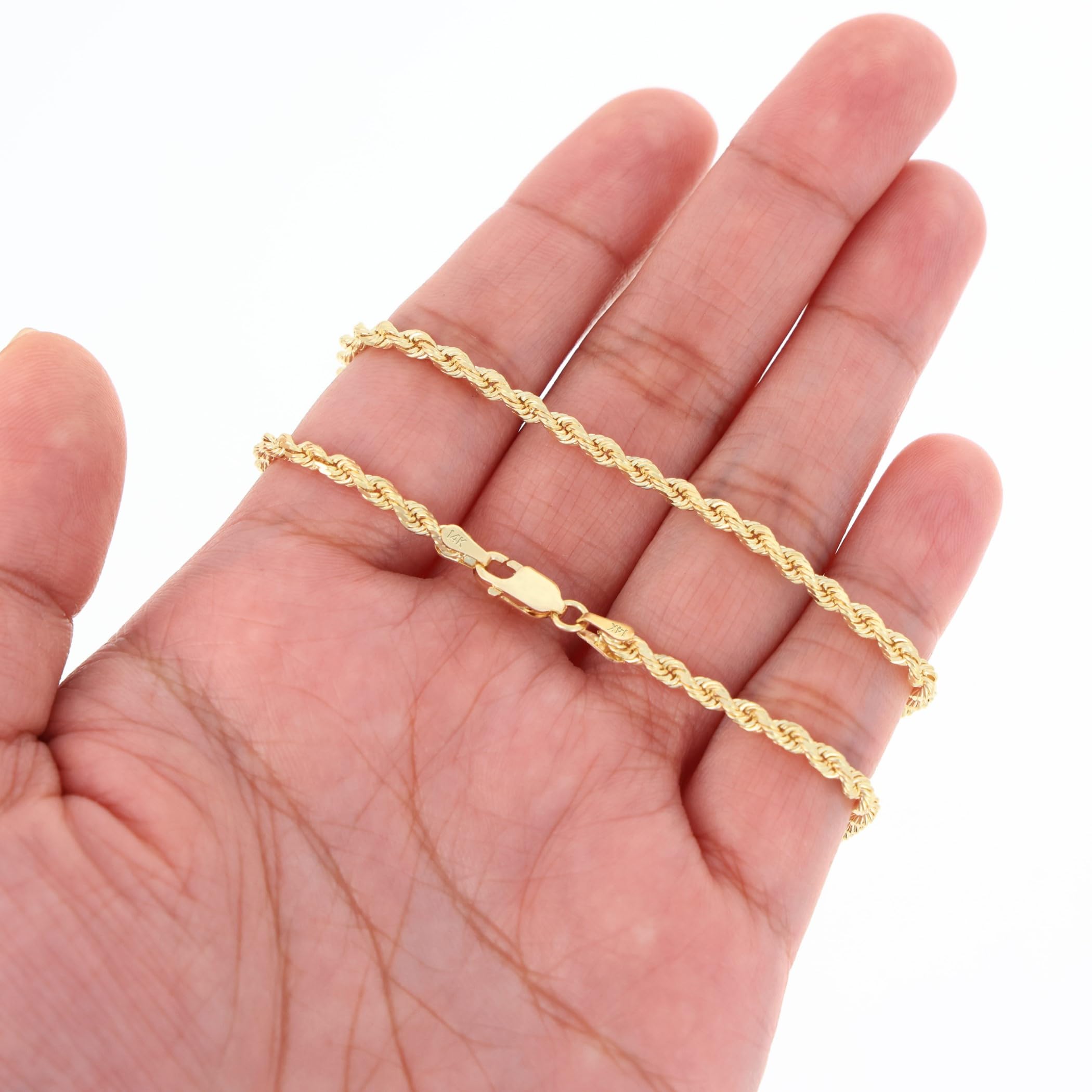 Nuragold 14k Yellow Gold 2.5mm Solid Rope Chain Diamond Cut Link Pendant Necklace, Mens Womens Jewelry 16" 18" 20" 22" 24" 26" 28" 30"