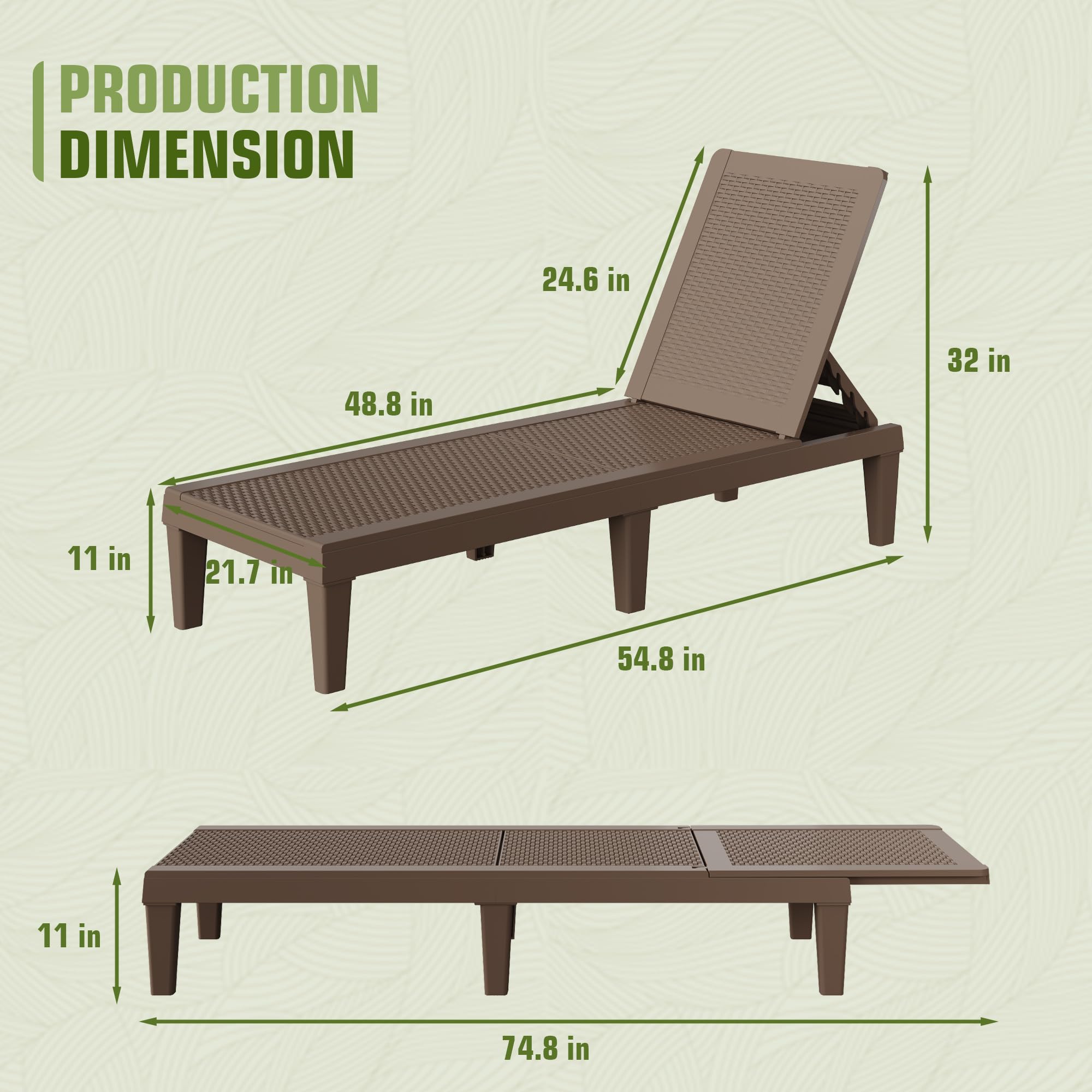 Greesum Outdoor Chaise Lounge Chairs Set of 2 with 5-Position Adjustable Backrest, Waterproof PE Sun Loungers for Garden Pool Beach Patio Deck Sunbathing, Dark Brown