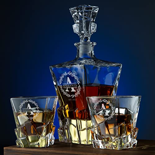 Personalized Whiskey Decanter and Stones Set - Customized Gift for Men, Dad, Father - Engraved Rocks Whiskey Decanter, 2 XL Glasses, 8 Whisky Cubes, 2 Coasters, Tongs, Pouch in Wooden Gift Box