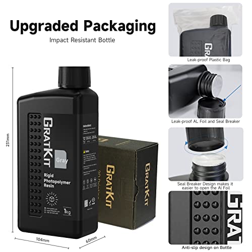 GratKit 8K Rigid Resin, 3D Printer 405nm UV-Curing Photopolymer Resin, High Precision Low Odor 3D Printing Resin - 1000g,Gray