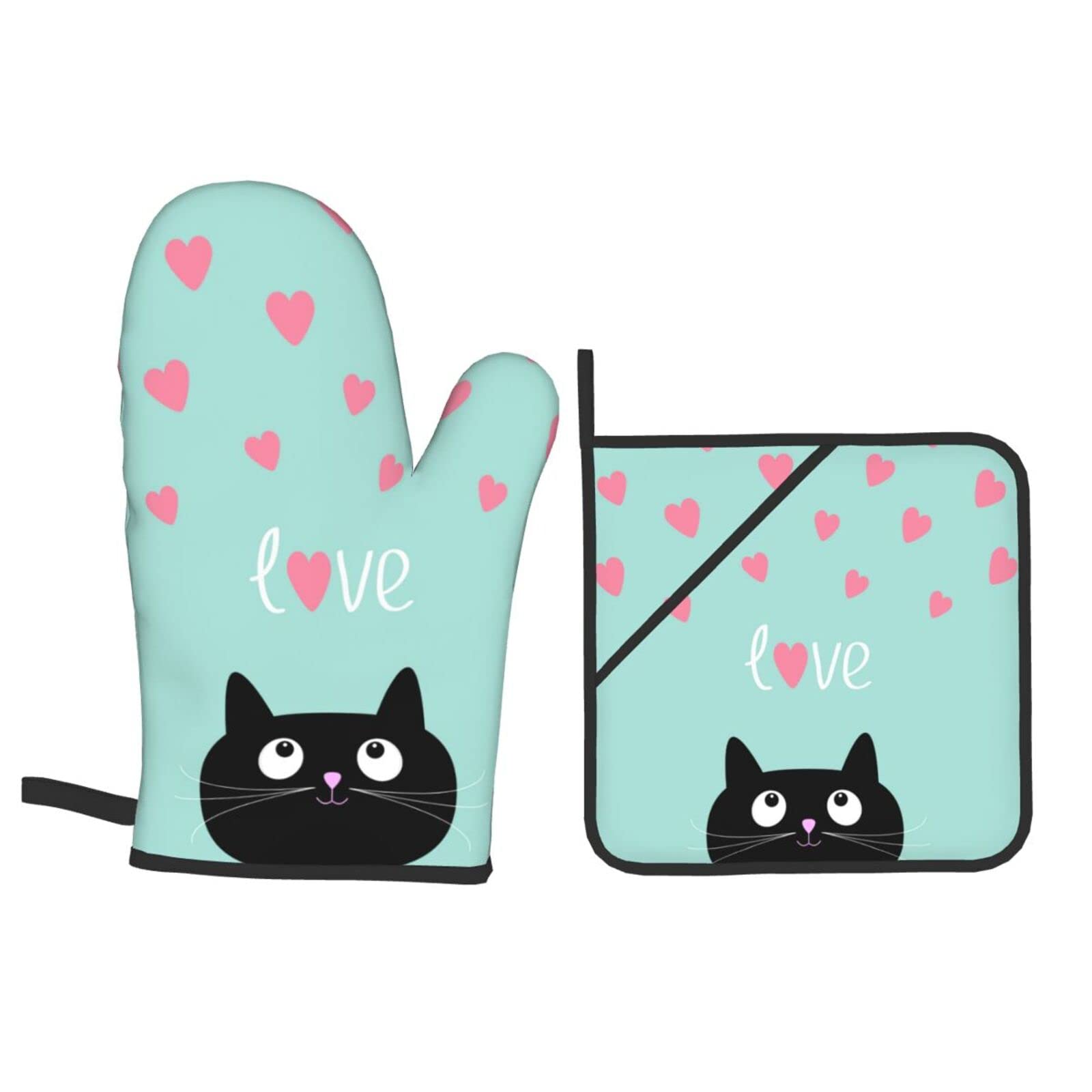 Cute Black Cat Love Oven Mitts and Pot Holders 4pcs Sets,Funny Kitchen High Heat Resistant Oven Mitts,with Oven Gloves and Hot Pads Pot Holders for Baking Cooking BBQ Grilling