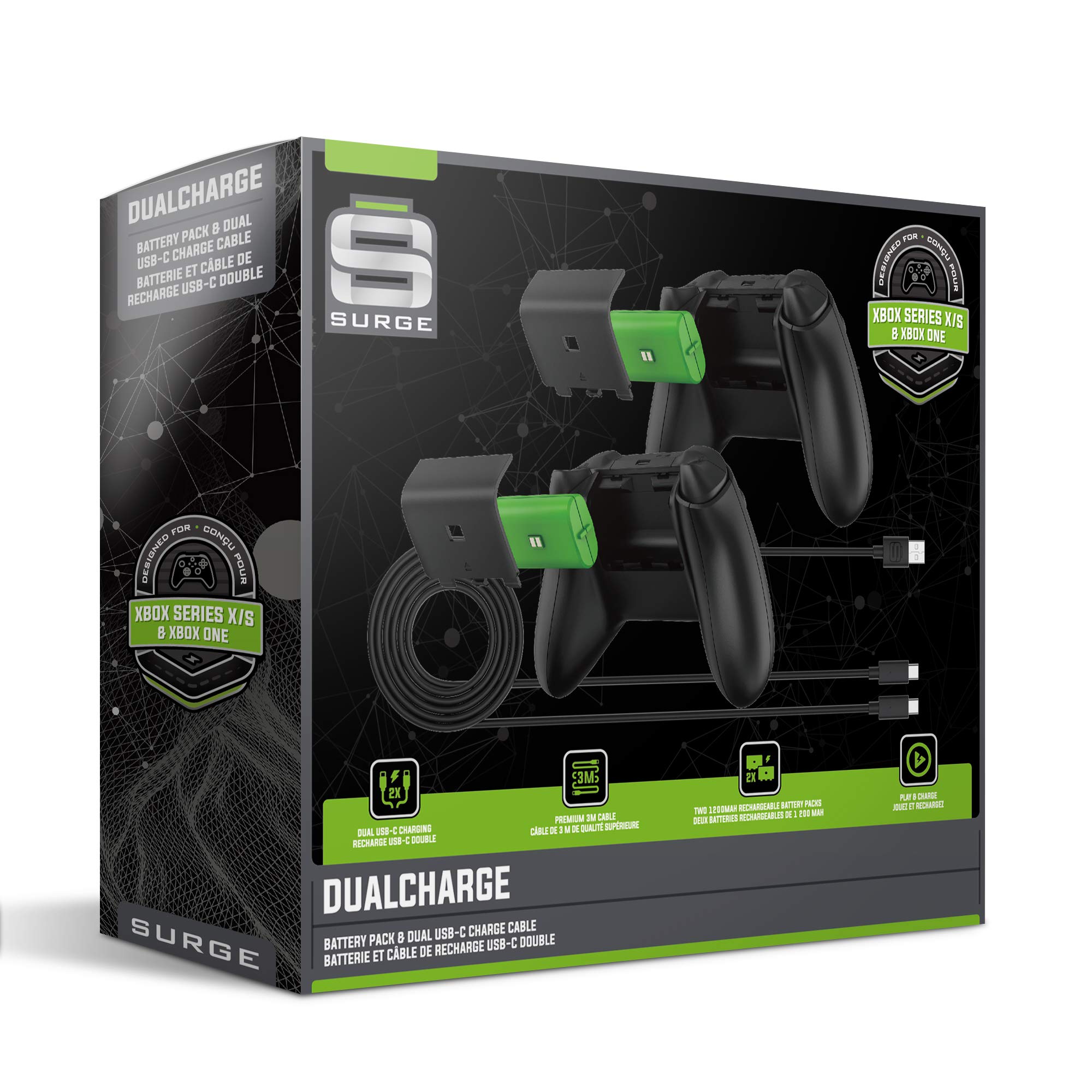 Play & Charge Kit for Xbox Series X|S & Xbox One Controllers - Surge DualCharge, 2x 1200mAh Rechargeable Battery Packs, Charge Cable (3m/10ft) USB-A to USB-C, Controller Backplates, Micro-USB Adapter