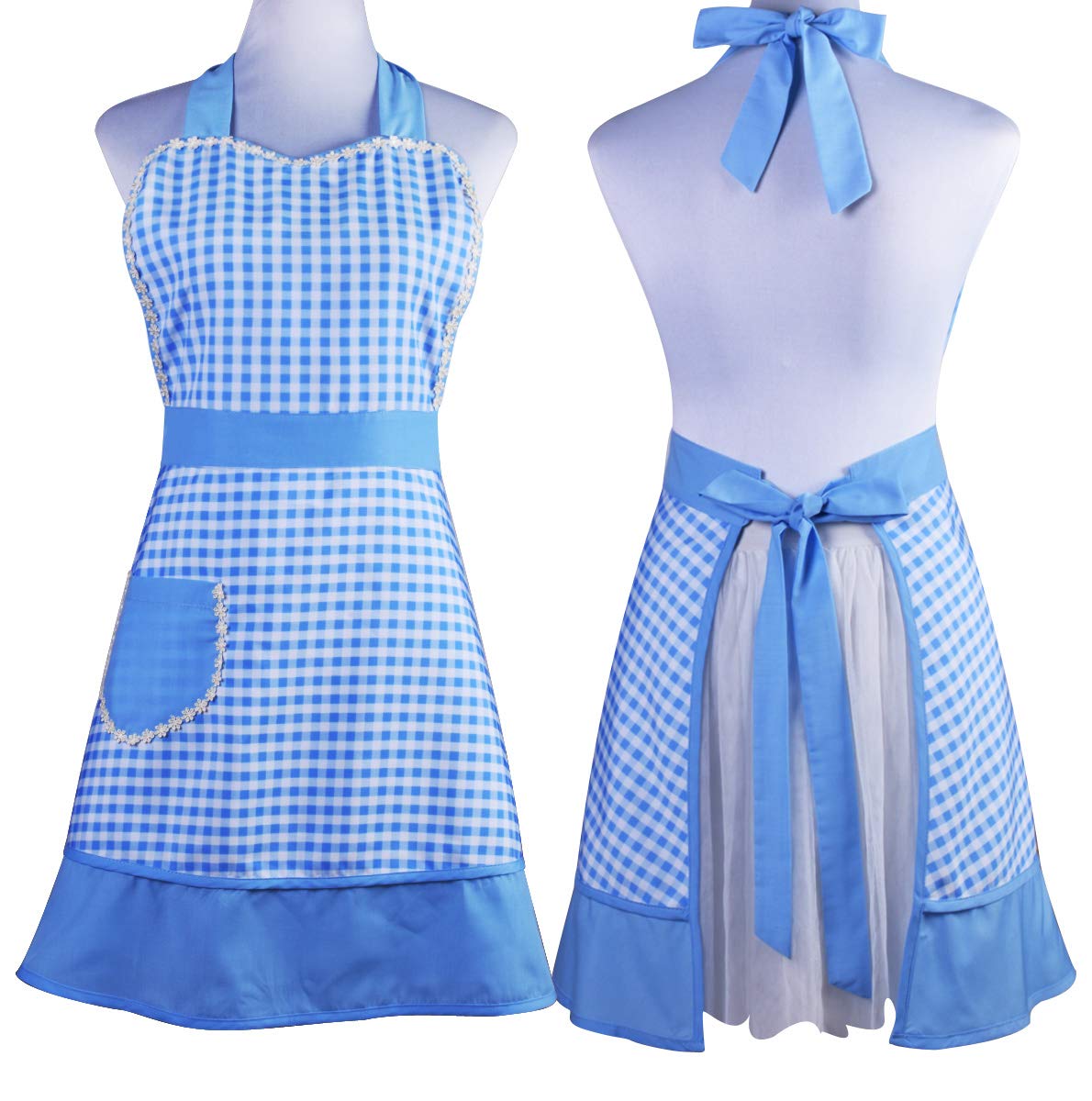 Cute Lovely Unique Design Women Girls Ladies Retro Apron with Chic Pocket for Cooking Kitchen, Blue