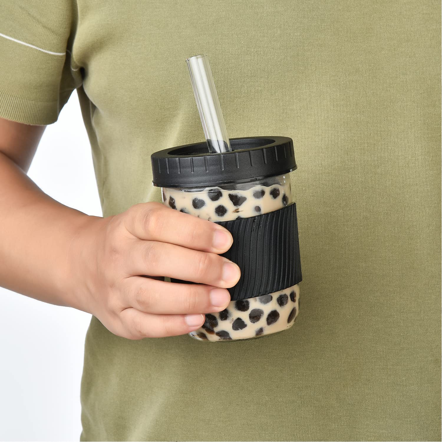 Cute Boba Cups with Lid and Straws, 4 Pack Glass Bubble Tea Cups with Canning Lids, Leakproof Drinking Jars for Large Pearl, 16oz