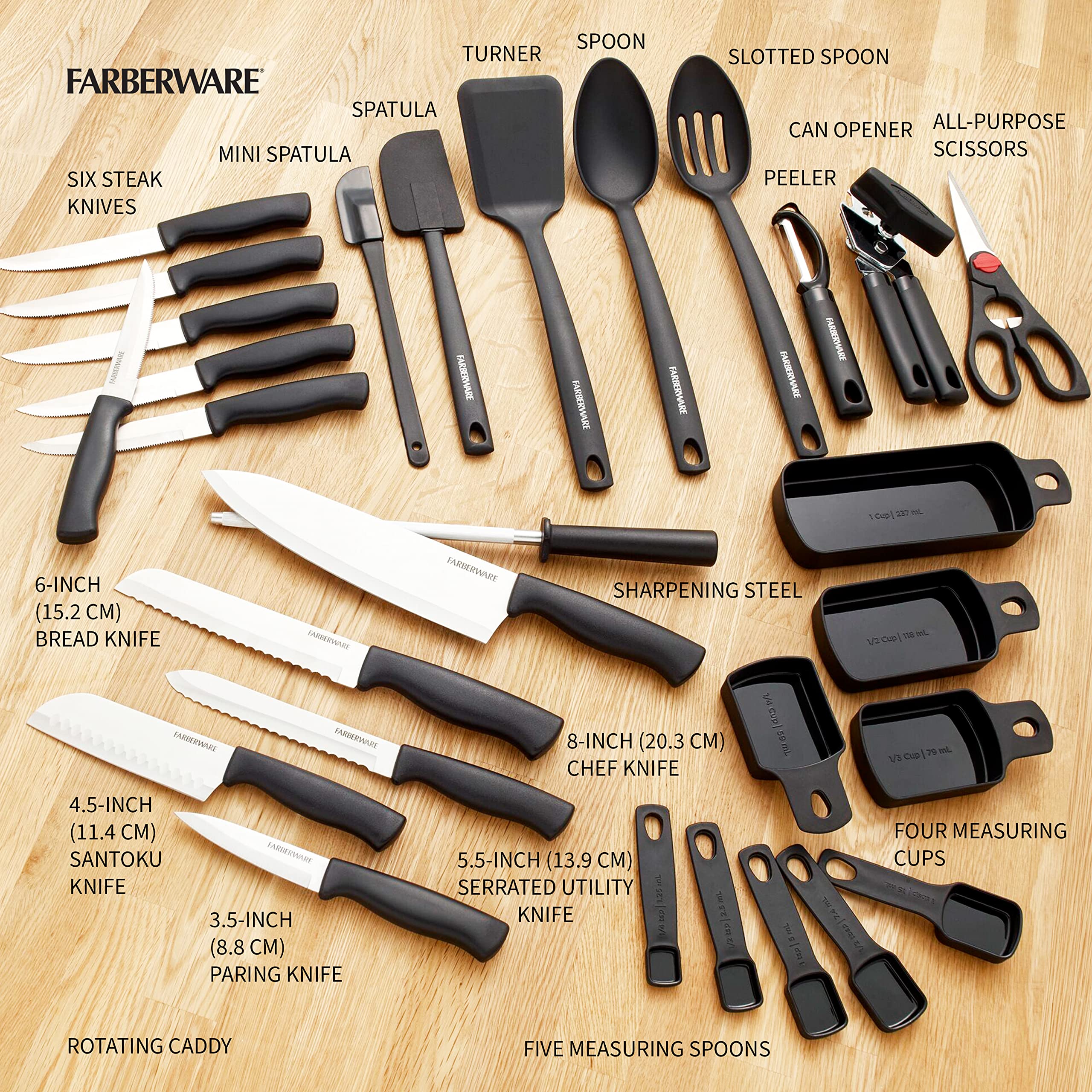 Farberware 30-Piece Spin-and-Store Knife and Kitchen Tool Set with Rotating Storage Caddy, High Carbon-Stainless Steel Kitchen Knives, Razor-Sharp Knife Set, Black