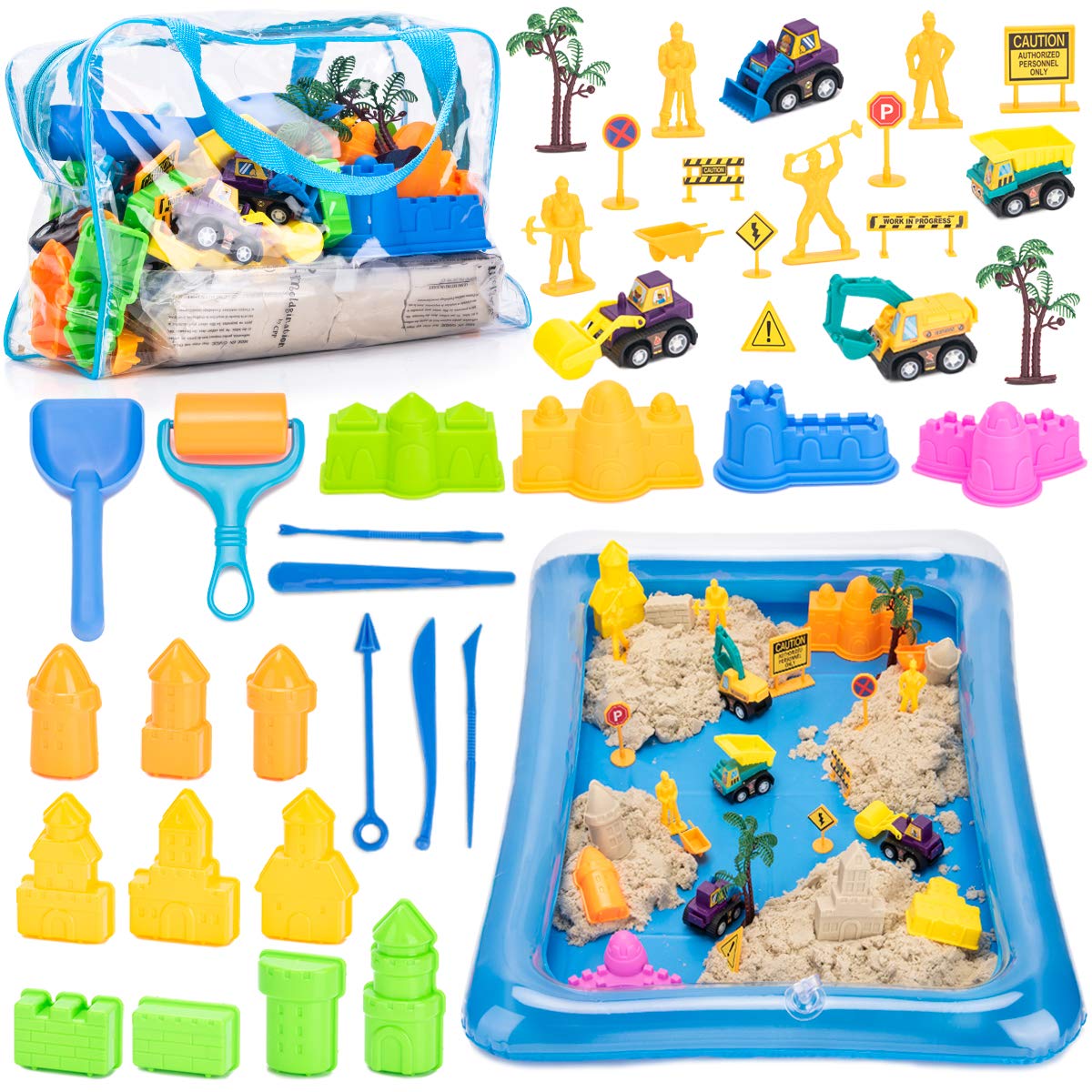 Play Sand for Kids, 3lbs Magic Sand, Building Castle Molds Tools, Construction Trucks, Toys and Signs, Tray Storage Bag, 43PCS Sandbox Set Toddlers Kids Boys Grils
