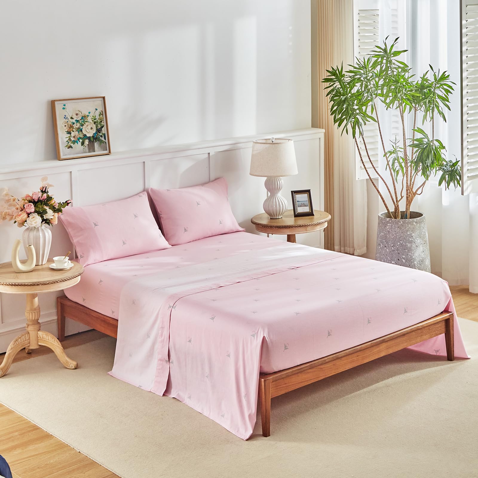 Botanical Bed in a Bag 7 Pieces King Size Cotton Comforter Sheet Set Gray Flowers Leaves Bedding Set (1 Comforter 2 Pillow Shams 1 Flat Sheet 1 Fitted Sheet 2 Pillowcases)