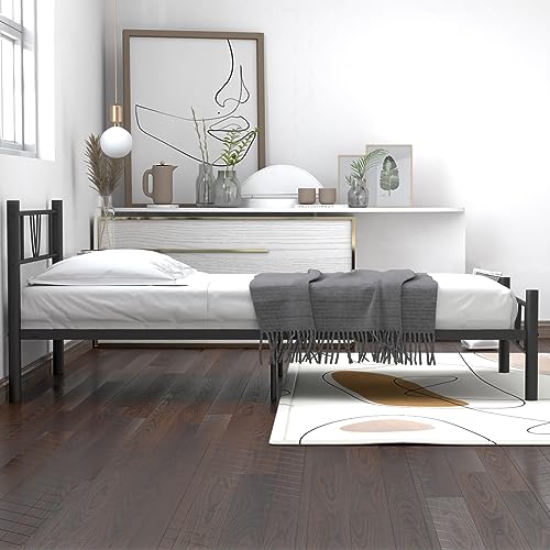 Fangflower Twin Size Bed Frame Platform Metal with Headboard/Underbed Storage/Steel Slats, Heavy-Duty Mattress Foundation for Bedroom, No Box Spring Needed, Black