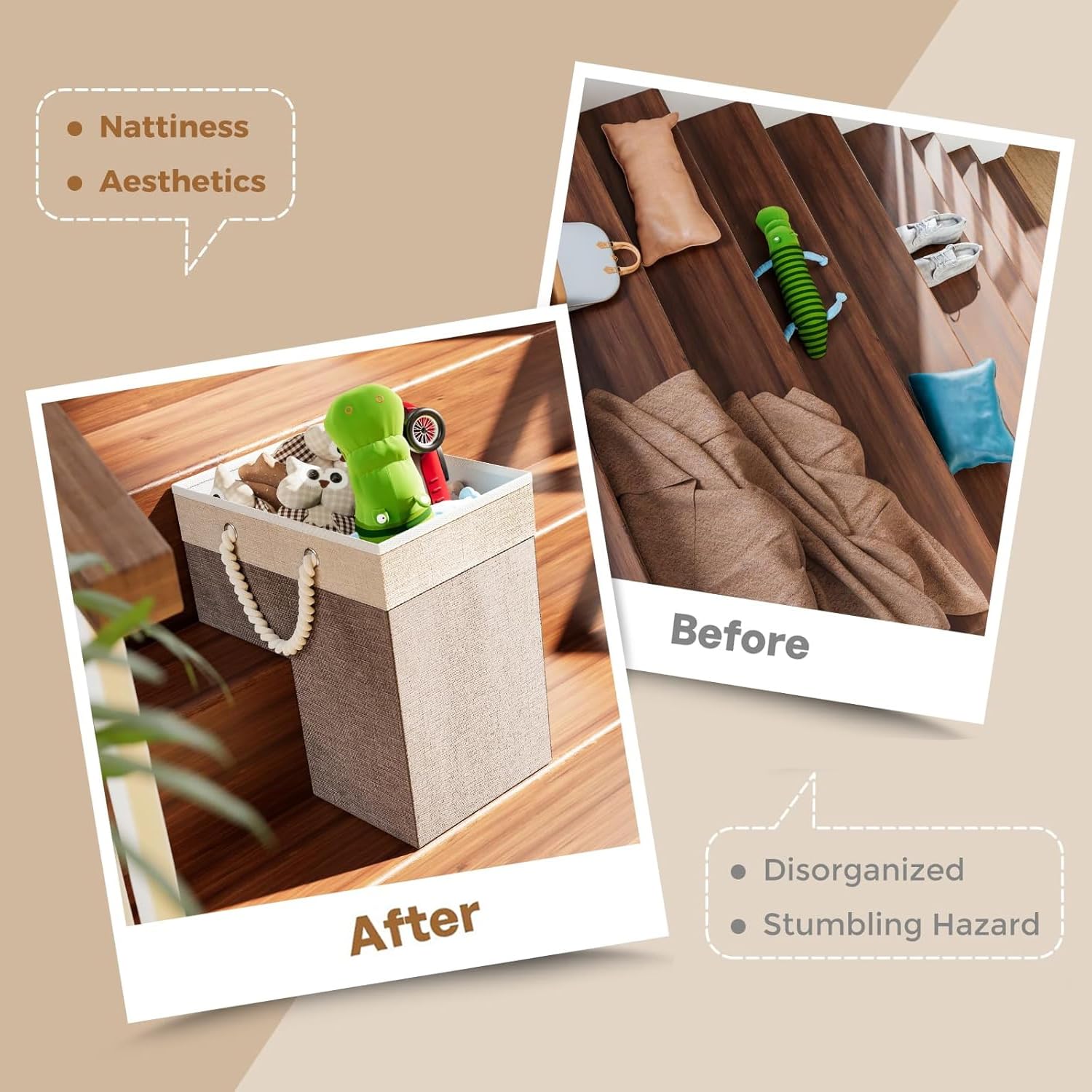 Gachiwar Stair Storage basket,16" L x 10" W x 16" H,dirty clothes basket,hanging baskets for organizing carpeted stairs,book,wooden