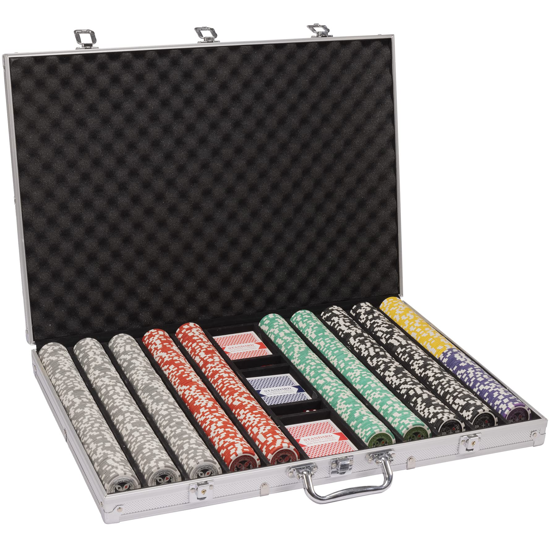 Ultimate Poker Chip Set Aluminum Carry Case - Holo Inlay Heavyweight 14-Gram Casino Quality Poker Chips - with Dice and Playing Cards - Heavy-Duty Protection - Locking Portable Case (1000 ct Rolling)
