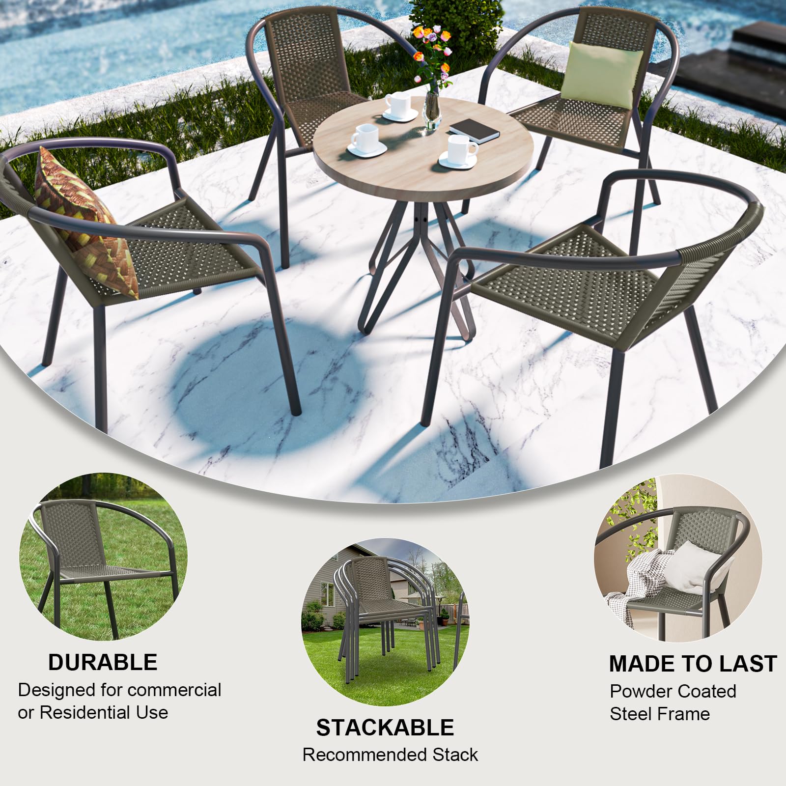 GREZJXC Modern Teslin Outdoor,Indoor Bedroom Restaurant Dining Chairs, Stackable Rattan Chairs for Patio or Drawing Room, Set of 4,Grey