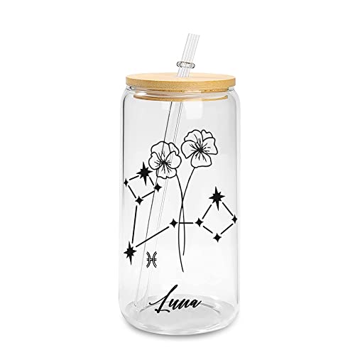 callie Personalized Name Zodiac and Birth Flower Can Tumbler Glass with Bamboo Lids 20oz for Gifts,Glass Can Cups for Iced Coffee, Soda, Bubble, Juicing, Smoothies, Milk.