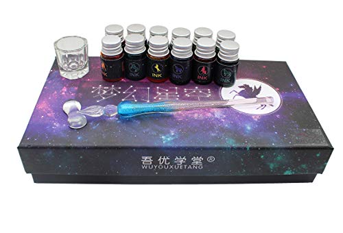 XIAOYU 15 Pieces Glass Dip Pen Set, Handmade Starry Sky Calligraphy Pen and 12 Bottle Inks, Calligraphy Set for Beginners, Lake Blue