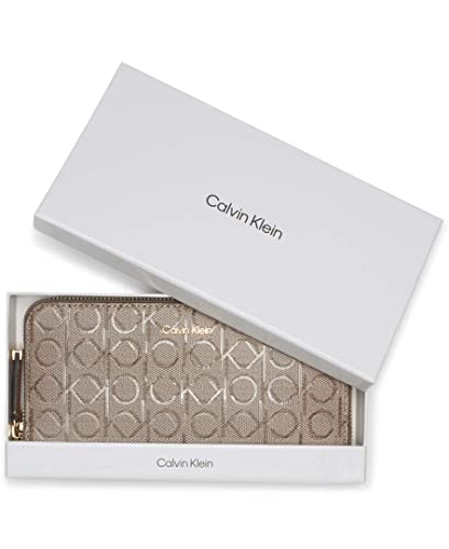 Calvin Klein Women's Key Item Saffiano Continental Zip Around Wallet with Wristlet Strap, Modern Taupe/Almond/Taupe Linear, One Size