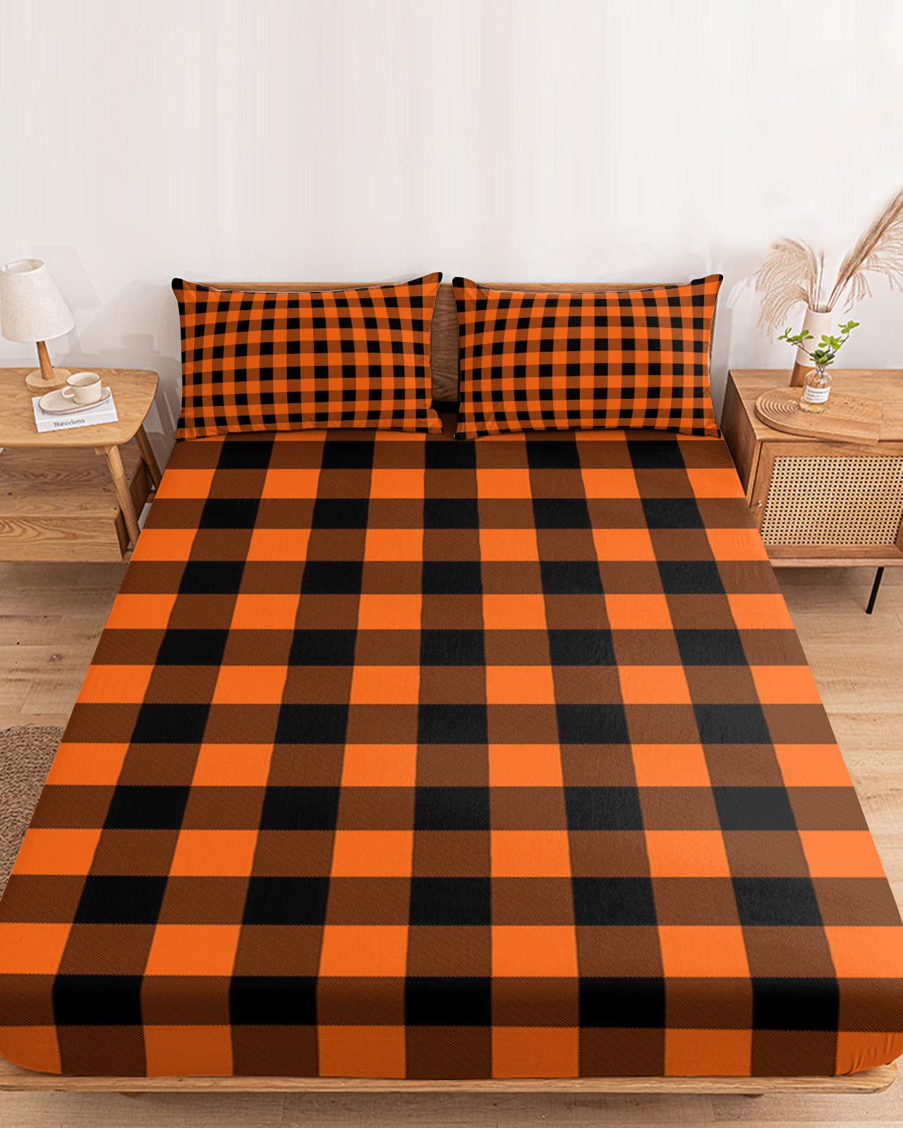 Farmhouse Orange Black Buffalo Plaid Fitted Bed Sheets Full Size Fit 5-16inch Deep Pockets,Luxury Bottom Sheet Bedding Set with Pillow Case,Gingham Lattice Fitted Sheet for Mattress