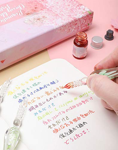 XIAOYU Glass Dip Pen Ink Set, 16 Pieces Calligraphy Pens Set - 12 Colorful Inks, Pen Holder, Cleaning Cup, 2 Crystal Glass Pens for Writing, Signature - Yellow