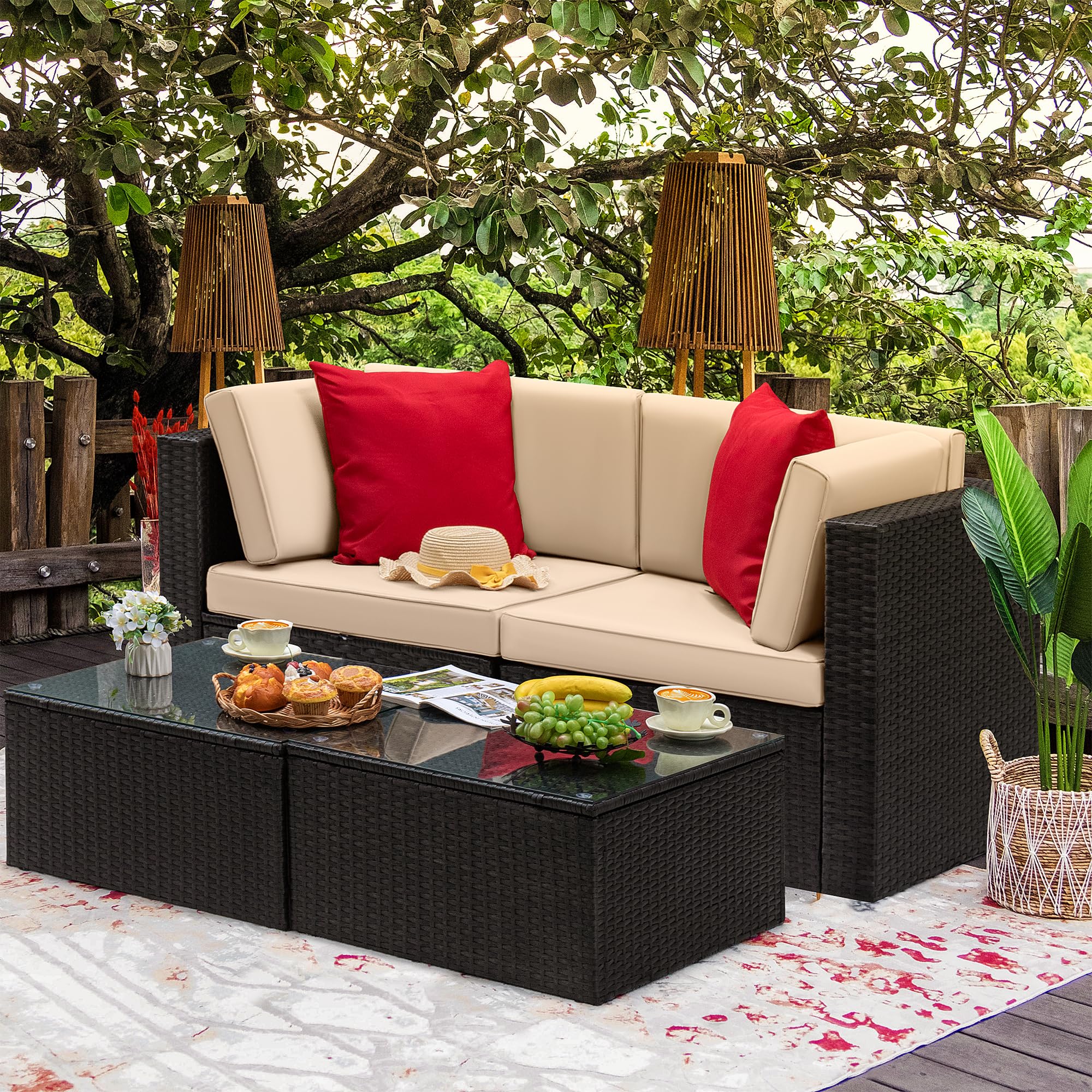 Devoko 4 Piece Patio Furniture Set PE Wicker Sectional Sofa Set Rattan Outdoor Conversation Set with Padded Cushions for Balcony, Backyard, Garden(4 Piece, Beige)