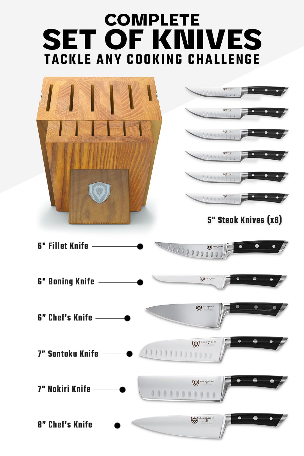 Dalstrong 12-Piece Knife Block Set - Gladiator Series Elite - Black Handles - German HC Steel - Hand-Made Manchurian Ash Wood Block - NSF Certified