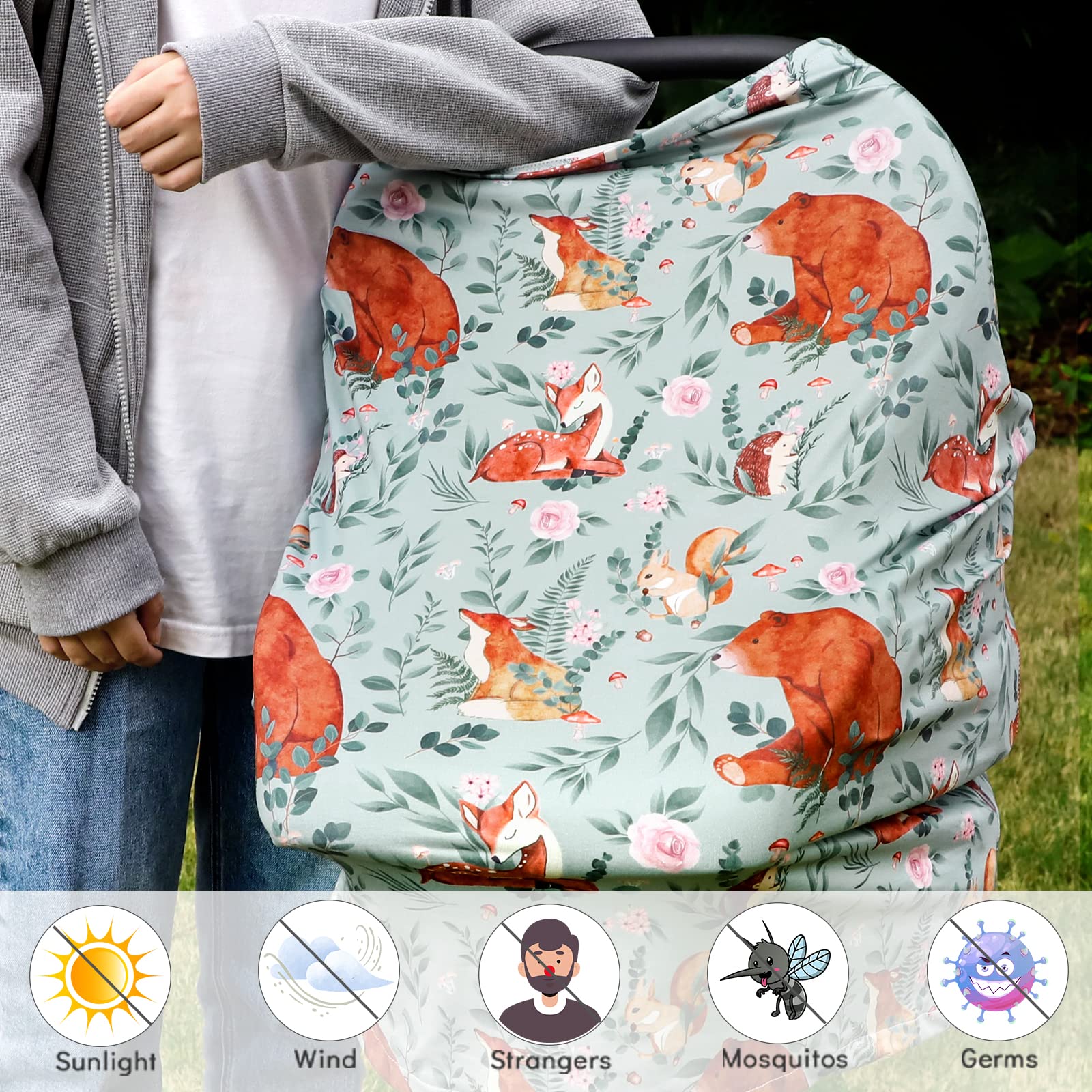 Crib Sheet & Car Seat Cover, Multi-use Nursing Cover for Breastfeeding, Woodland Animals Bear