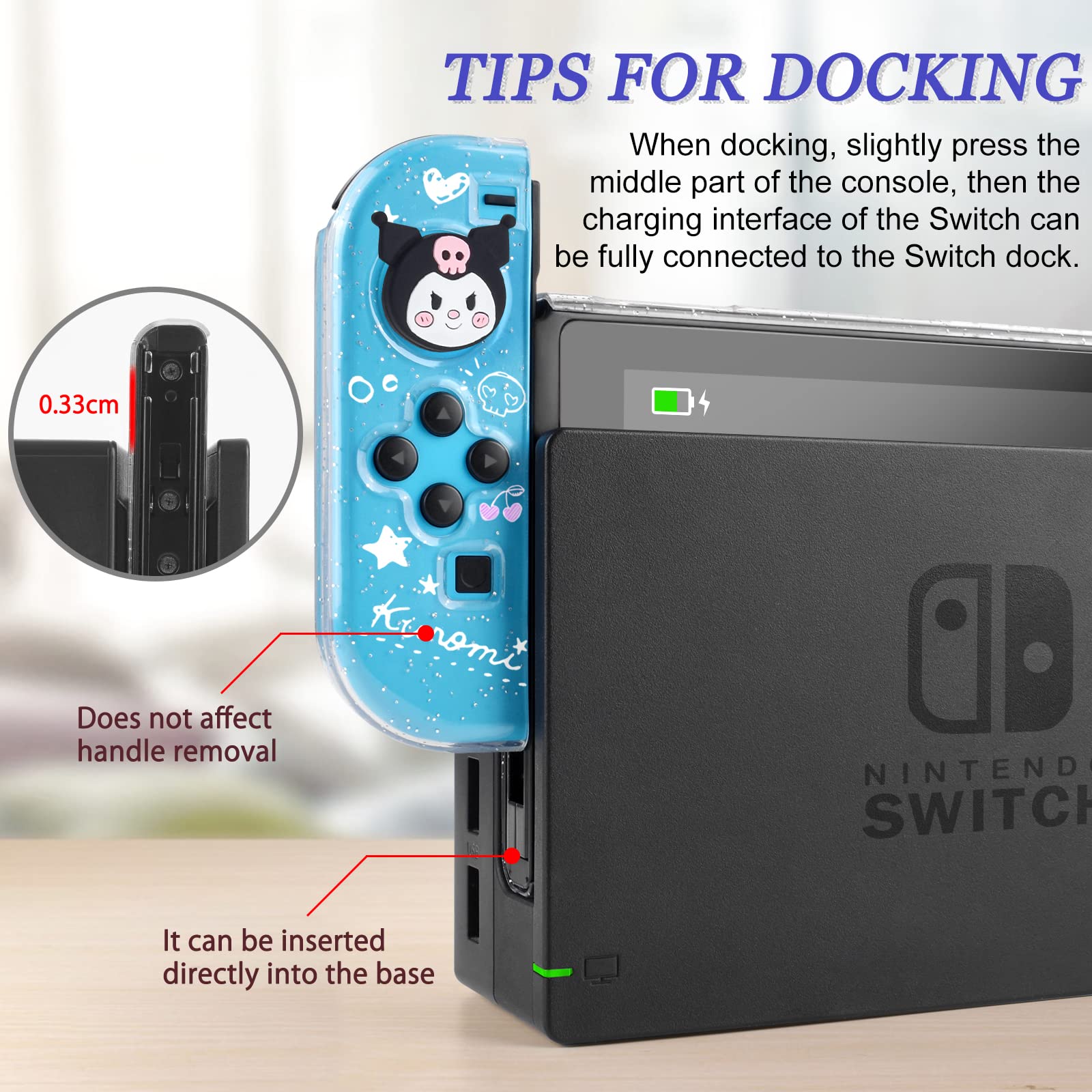 DLseego Little Troublemaker Rabbit Glitter Switch Protective Case Demon Clear Dockable Anti-Scratch Hard Shell Soft TPU Shock-Absorption Joy Con Cover with 2PCS Cute Cartoon Thumb Grips Caps