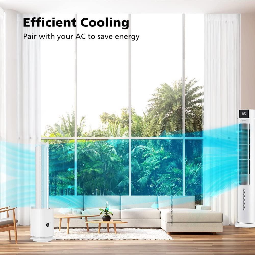 ULTTY Bladeless Tower Fan and Air Purifier in one, Bedroom Fan with HEPA Filter Smoke Dust Pollen Dander, 42.5" Oscillating Tower Fan with Remote, Touch, 8H Timer, White