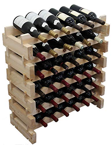 DisplayGifts Modular Stackable Wine Rack Freestanding Wooden Wine Stand Storage Holder, Thick Wood Wobble-Free Natural 36 Bottle Capacity 6 X 6 Rows (Natural - Unfinished)