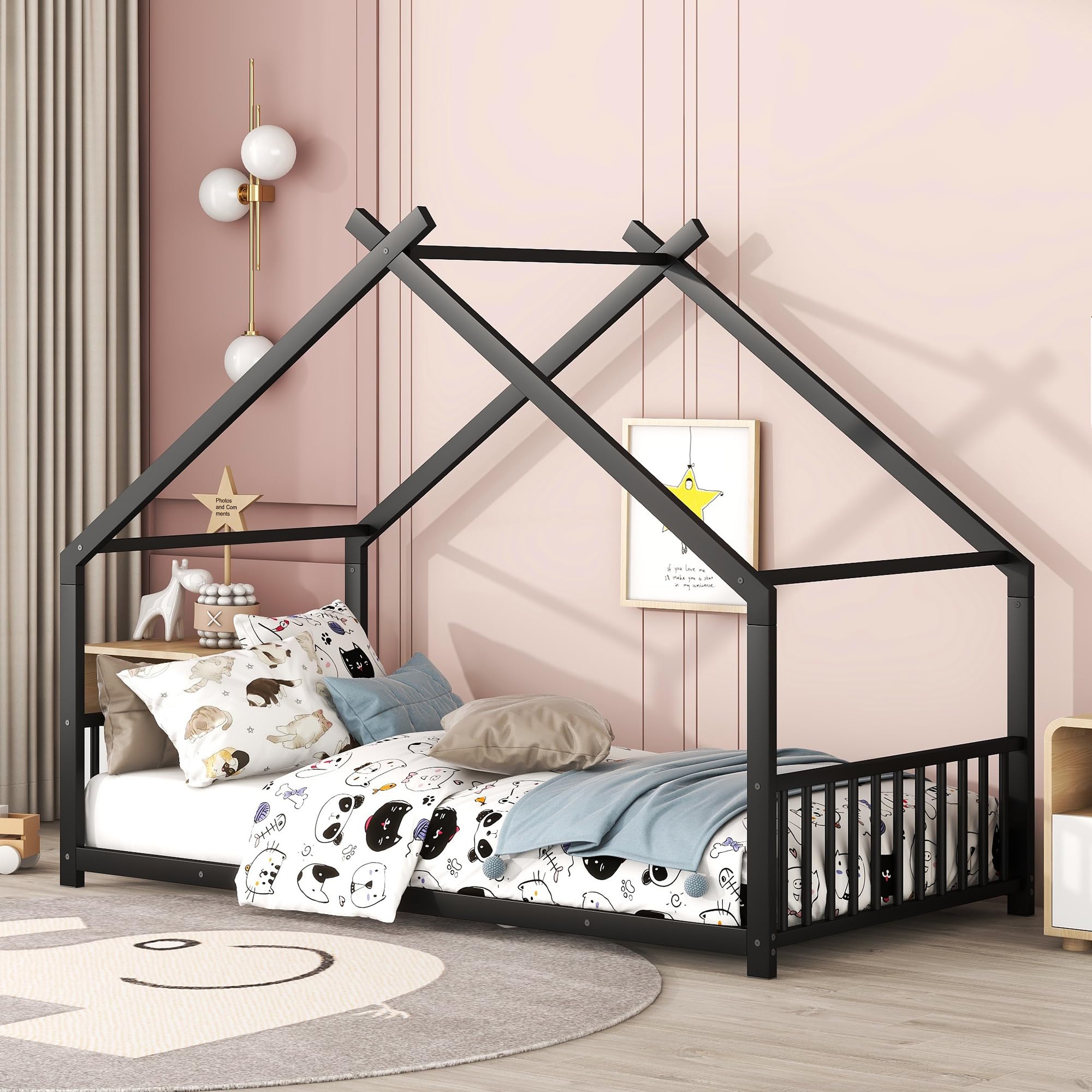 Favfurish Metal Twin Size House Bed with Roof and Slats Support,Playhouse Design Montessori Floor Bed Frame W/Headboard & Footboard,No Box Spring Needed,for Kids Girls Boys,Black