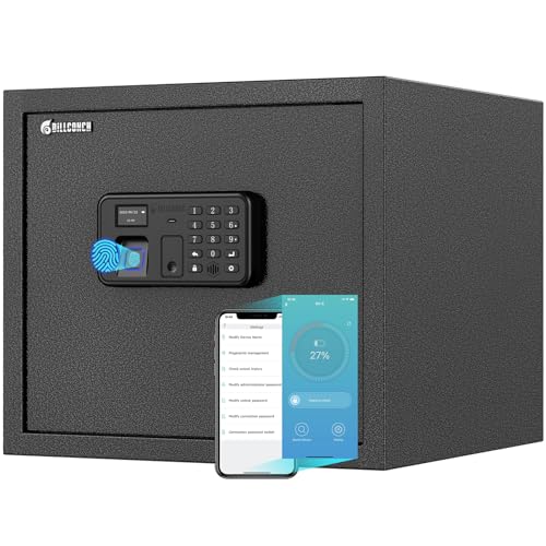BILLCONCH Gun Safe with 6 Pistol Safe Holders - Biometric Pistol Safe with Display and Voice Prompt, Automatic Locking Tabs | Detachable Shelf and Foldable Gun Racks for Handgun Safe (1.4 Cubic Feet)