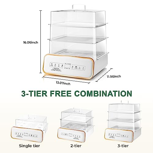 SUSTEAS Food Steamer for Cooking - 17QT Vegetable Steamer with 24H Booking & 60Min Timer, Electric Steamer with Digital Display and 3 Tier Stackable Trays, Auto Shut-Off & Boil Dry Protection
