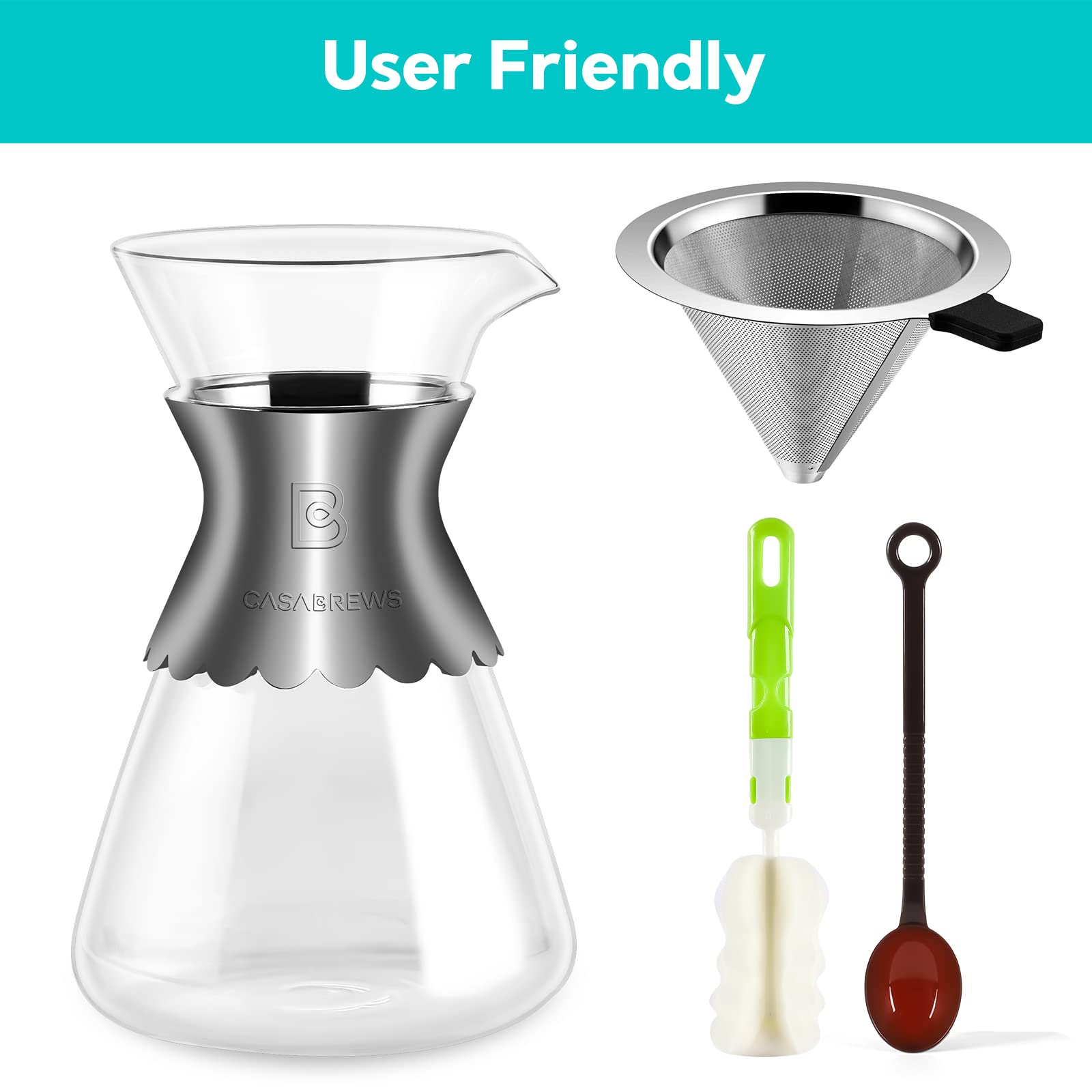 CASABREWS Pour Over Coffee Maker, Coffee Dripper Brewer with Reusable Stainless Steel Filter, 8 Cup Heat Resistant Glass Coffee Carafe, Elegant Coffee Brewer, Black