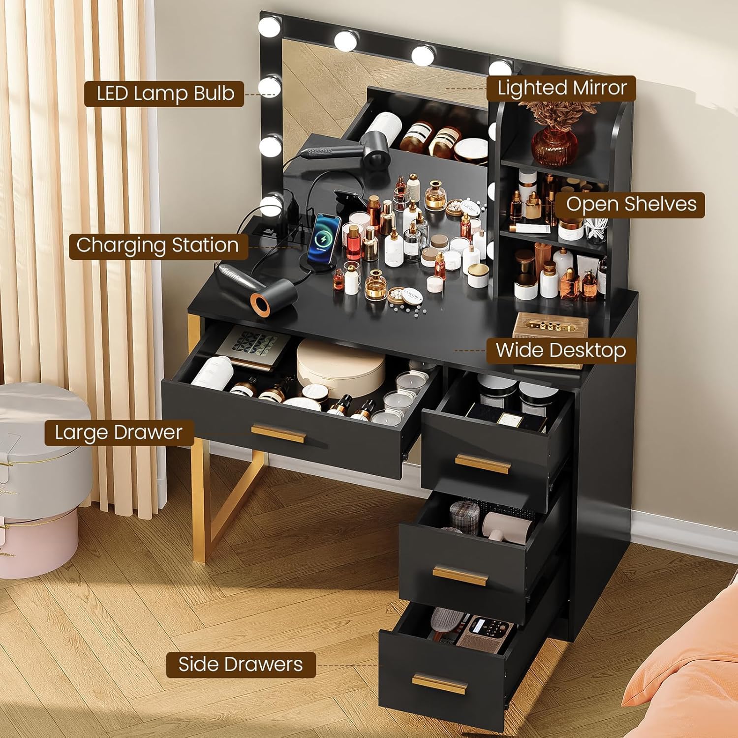 FIONESO Makeup Vanity Desk with Mirror & Lights, Vanity Desk with 4 Drawers & Charging Station, Dressing Vanity Table with Open Storage Shelves, 3 Color Modes, Vanity Table for Bedroom, White