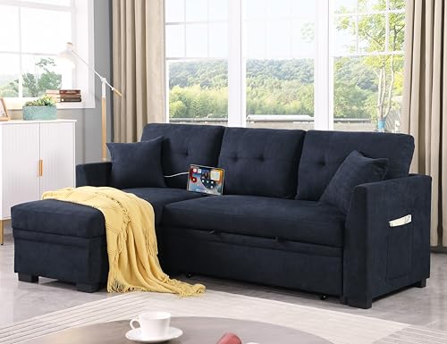 FANYE L-Shaped Reversible Pull Out Sleep Sofabed, Modern Velvet Upholstered Tufted Sleeper Sectional Sofa with Storage Chaise, USB Charging Ports, Side Pockets and 2 Pillows for Living Room