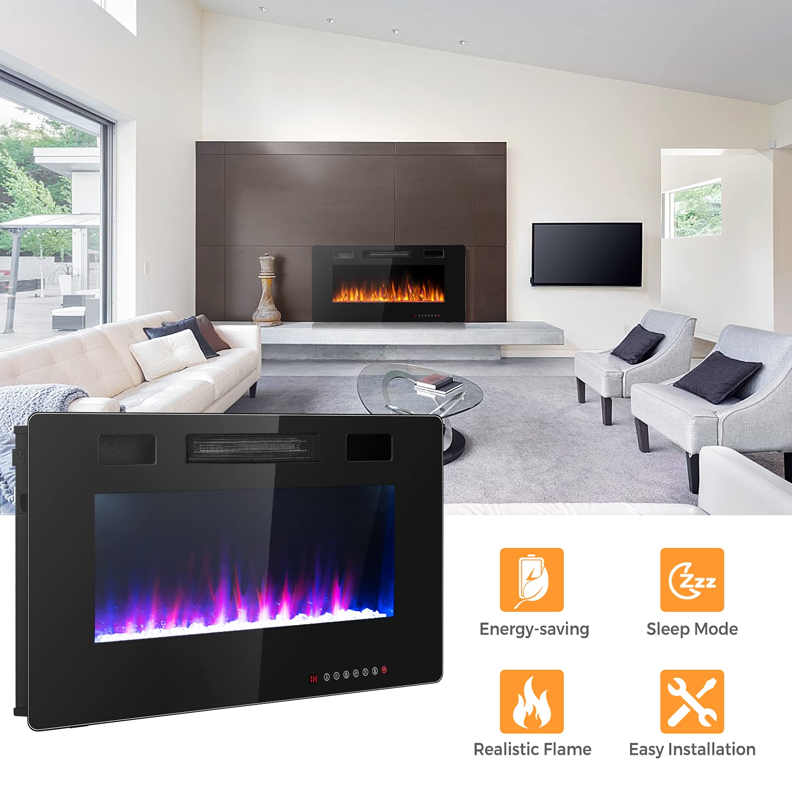 COSTWAY 36-Inch Electric Fireplace, 750W/1500W Wall Recessed and Mounted Fireplace Insert with Remote Control, 12 Flame Colors, 5 Brightness Settings, 8 H Timer, Fireplace Heater for Indoor Use