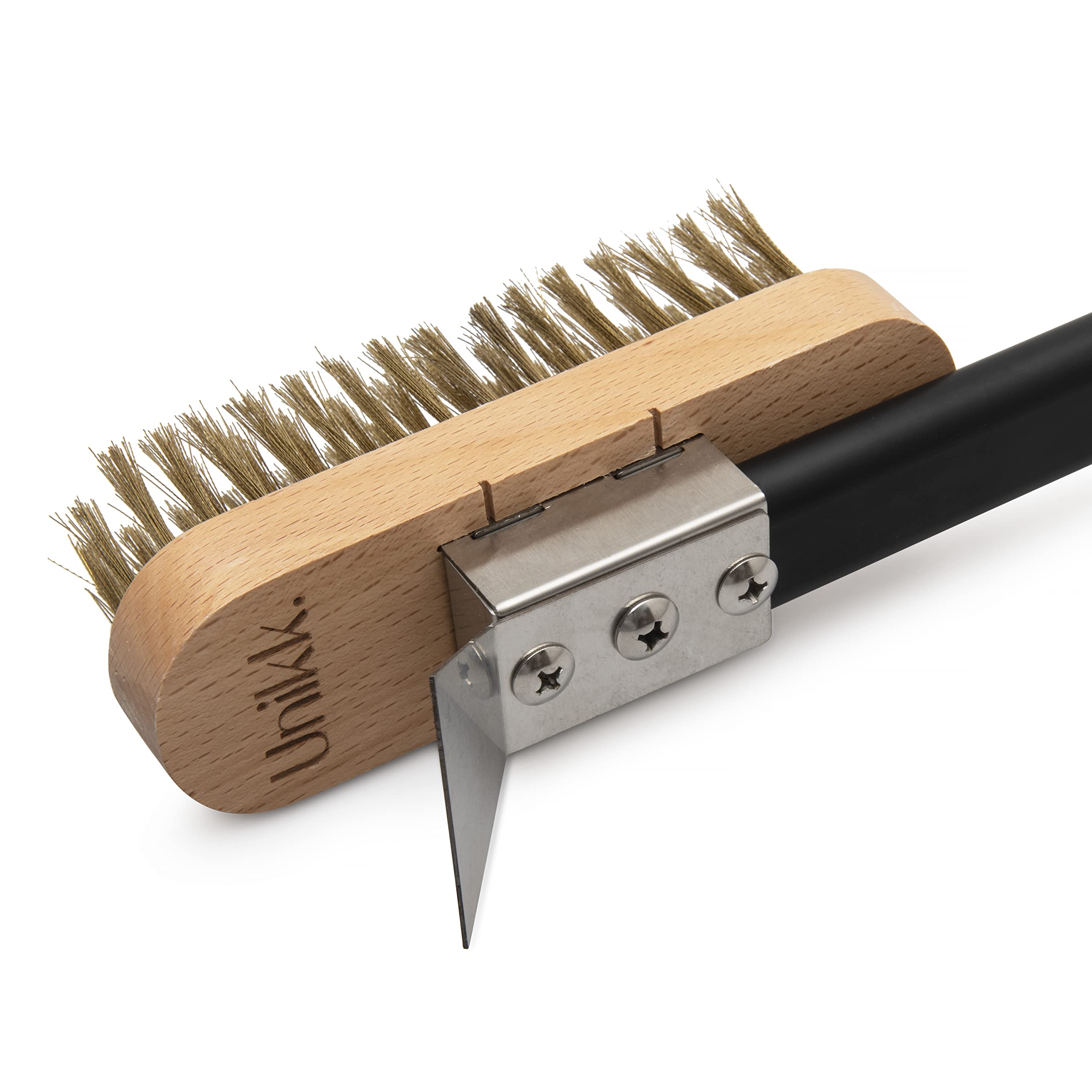 Unikk. Pizza Oven Brush with Scraper β 35β Long Adjustable Heavy Duty Aluminum Handle - Brass Bristles Brush for Pizza Stone with Grater and Screwdriver