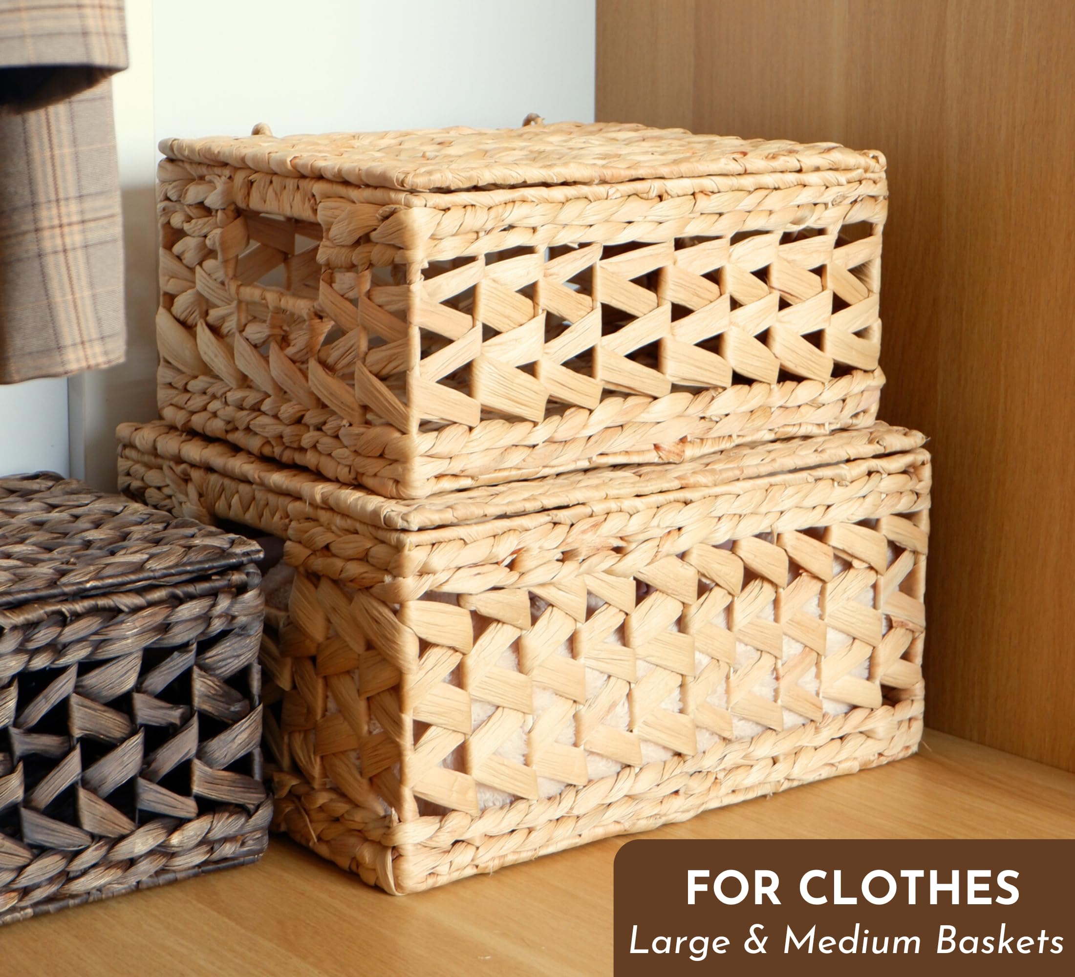 CHI AN HOME 14 Inch Wicker Storage Baskets with Lids, Set of 3 Rattan Lidded Hyacinth Baskets for Organizing, Woven Large Rectangular Basket Boxes, Basket with Top, Decorative Chest Organizer