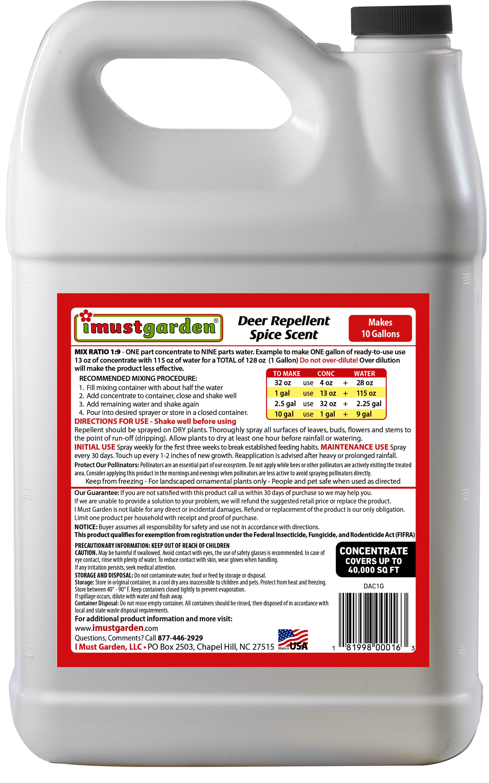 I Must Garden Deer Repellent Concentrate – 1 Gallon: Spice Scent Deer Spray for Plants – Natural Ingredients - Makes 10 Gallons, Covers 40,000 sq. ft.