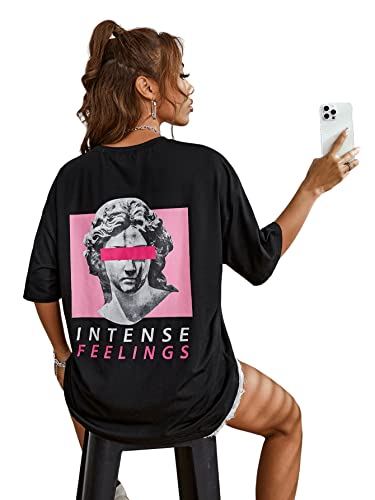 SweatyRocks Women's Short Sleeve Drop Shoulder Round Neck Tee Graphic Print Oversized Loose Fit T-Shirt Tops Black Pink M