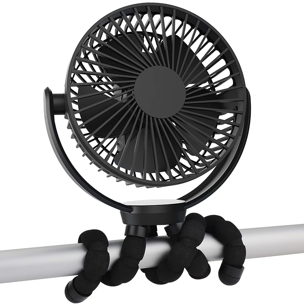 Portable Rechargeable Baby Stroller Fan, 5000mAh Battery Operated Tripod Clip on Fan, 20 Hours Work, 3 Speeds, Small USB Handheld Personal Fan, Ideal for Desk, Treadmill, Outdoor, Golf Cart, Car