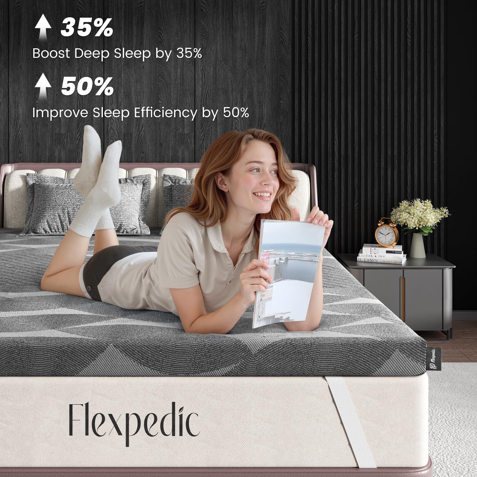 Flexpedic Firm Mattress Topper 3 Inch Queen Size - Advanced Gel Infused Memory Foam Bed Topper for Deep Pain Relief - Breathable & Washable Cover - CertiPUR-US Certified Comfort Enhancement
