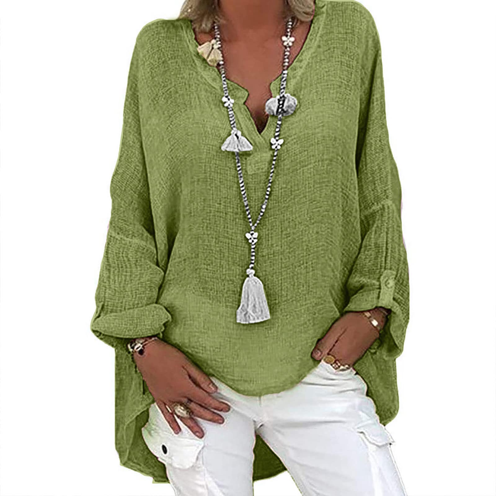 Camiseta Manga Larga Color LISO para Mujer túnica ocio Blusa cómoda Cuello en V Camiseta sin Mangas algodón y lino,Green,X-Large