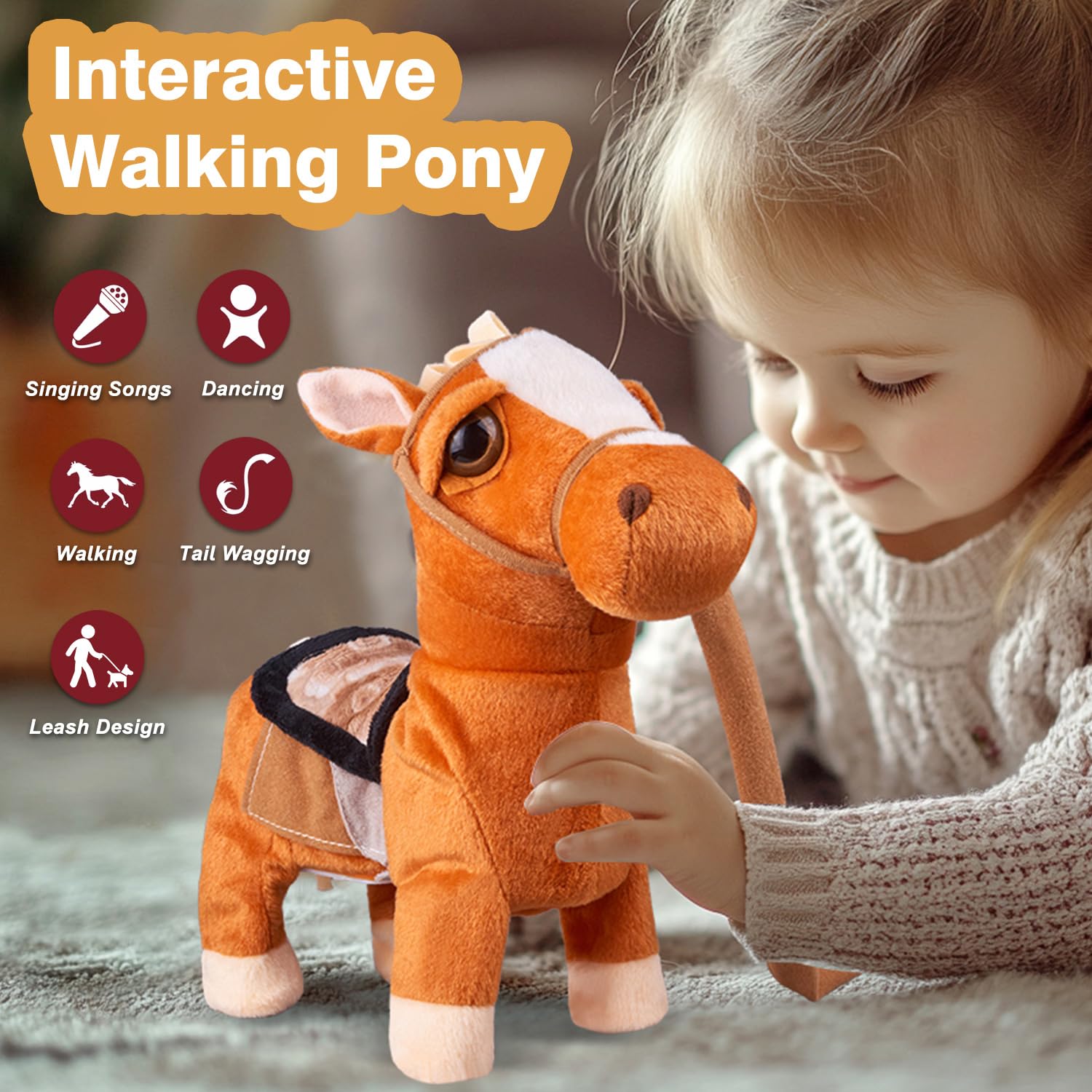 Walking Pony Toy Musical Singing Dancing Plush Interactive Pony Walk Along Horse with Leash Plush Stuffed Animal Shaking Head Buttocks Toy for Boy & Girl Kid Ages 3+ H: 11.81"