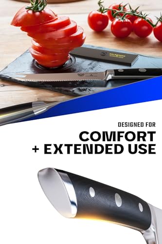 Dalstrong Tomato Slicing Knife - Gladiator Series Elite - 5" - Serrated Utility - German High Carbon Steel - Black Handle - Sheath Included - NSF Certified